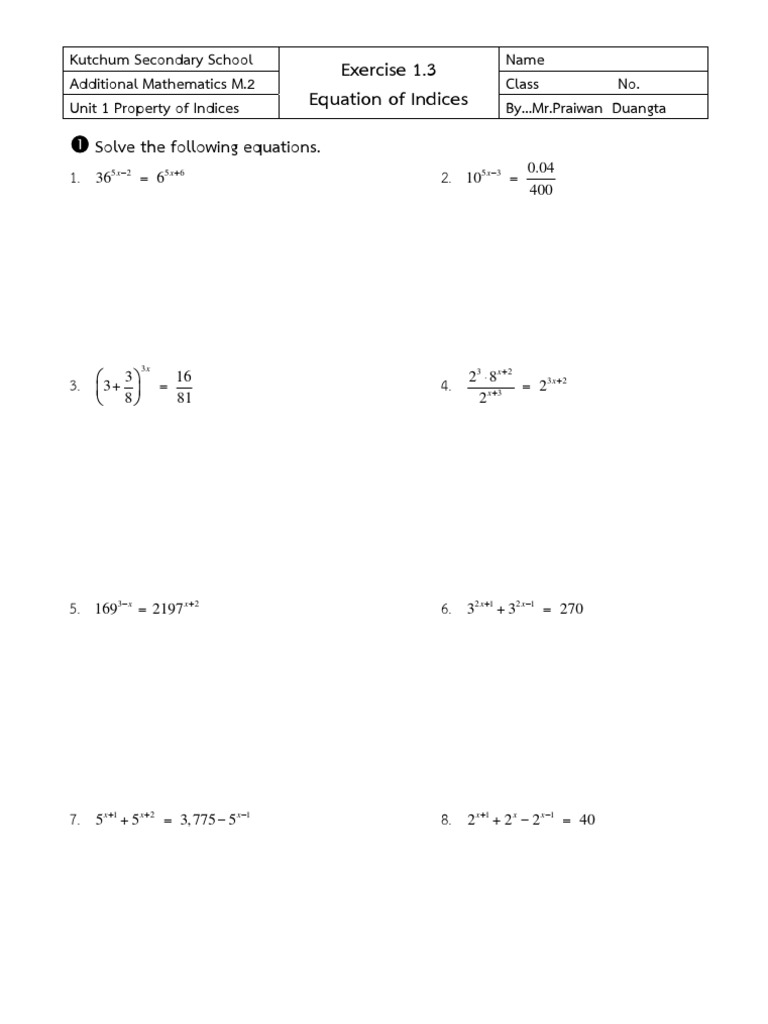 Solving Indices Equations Worksheet | PDF | Equations | Teaching ...