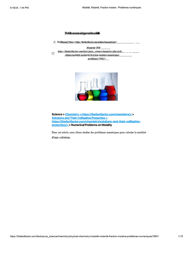 Molalité, Molarité, Fraction Molaire - Problèmes Numériques | PDF ...
