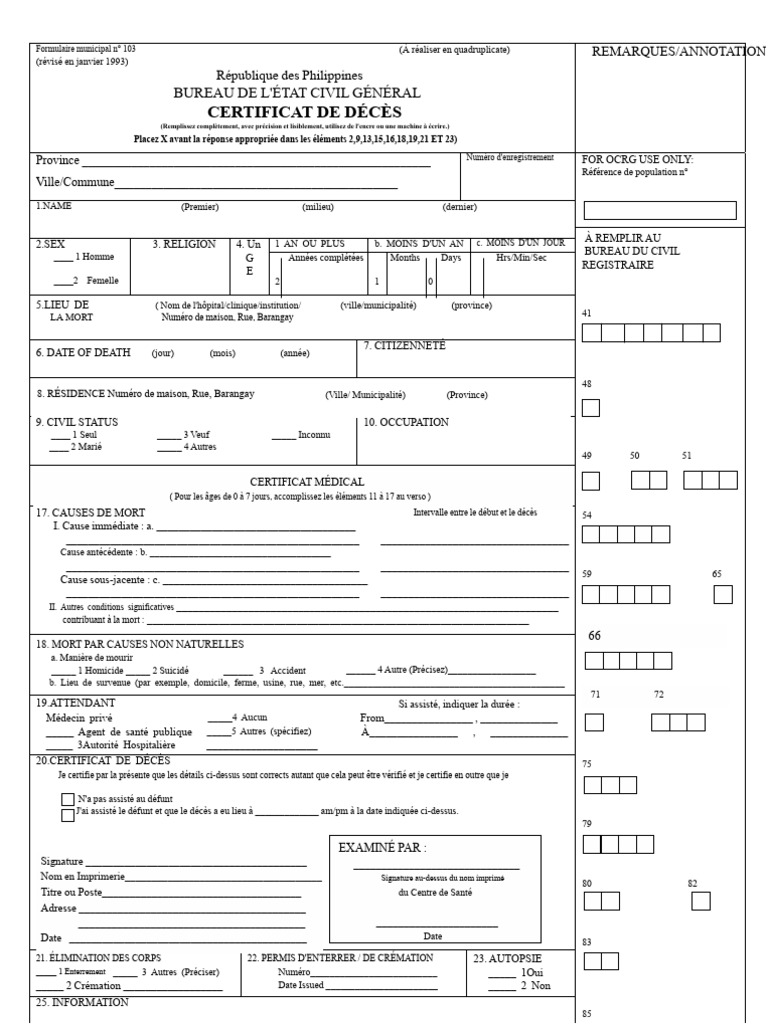 Certificat de Décès - Formulaire Municipal | PDF | Autopsie | Mort