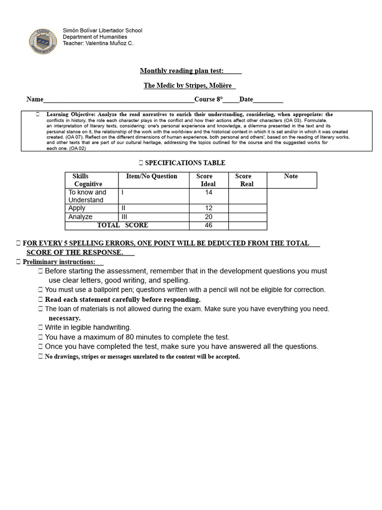 Test The Doctor With Sticks Moliere | PDF | Comedy | Reading Comprehension