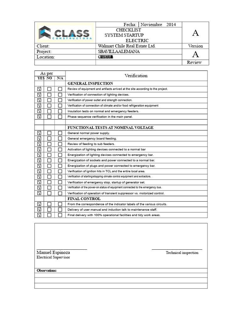 Startup Checklist SBA VILLA ALEMANA | PDF | Power (Physics) | Power ...