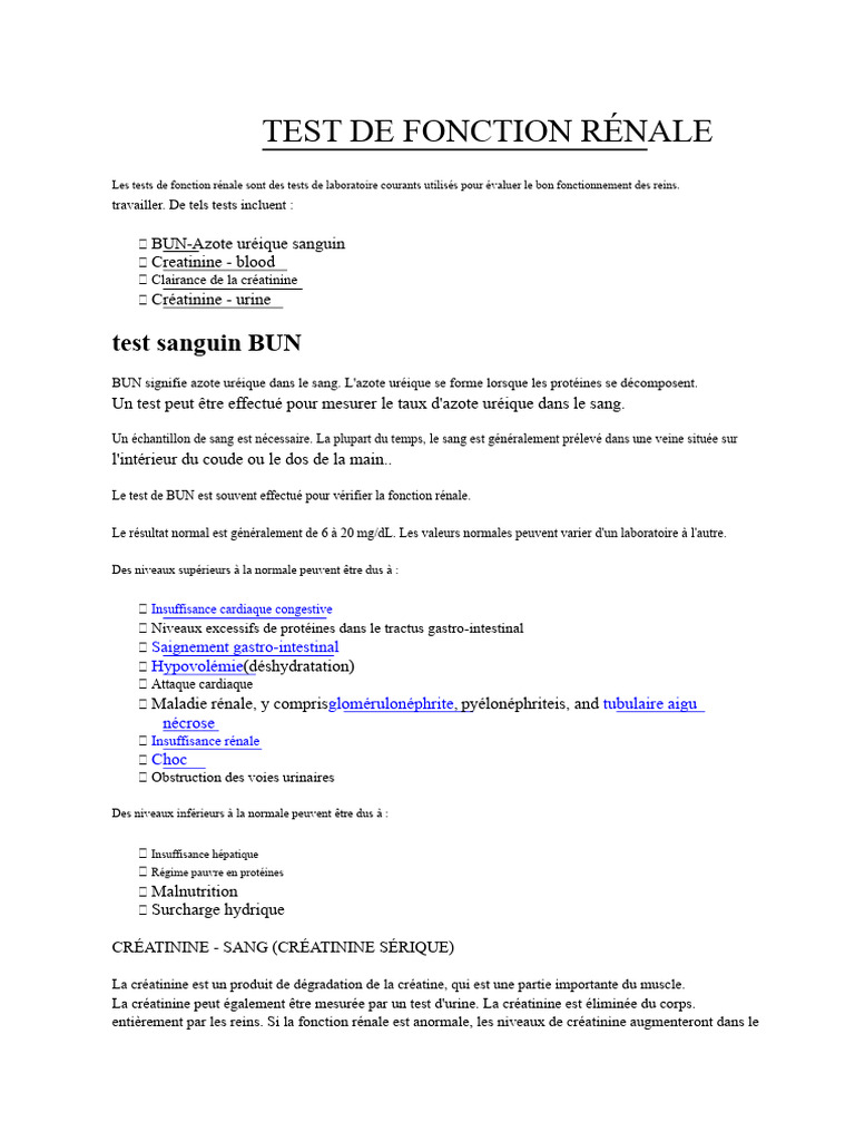 Test de Fonction Rénale | PDF | Créatinine | Rein