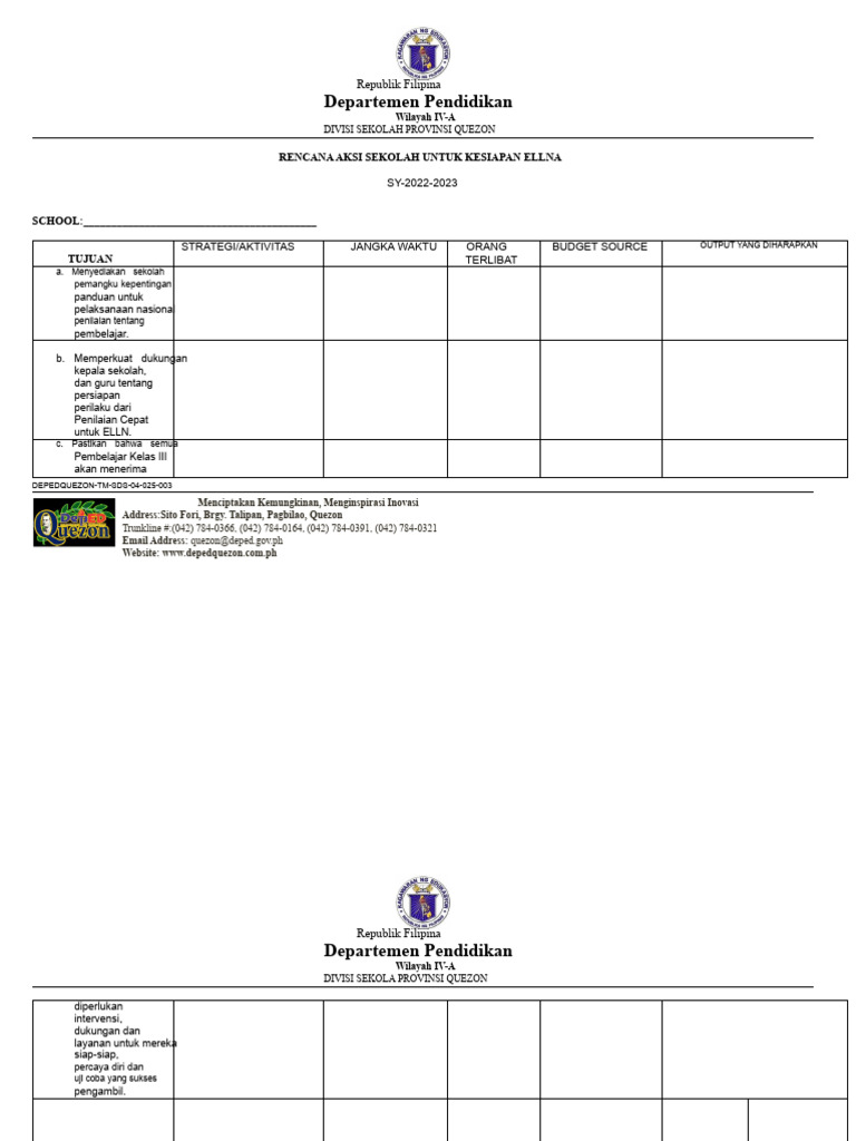 Rencana Aksi Kesiapan ELLN 2022-2023 | PDF
