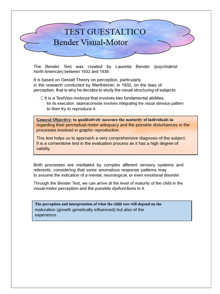 Bender's Visual-Motor Gestalt Test Summary | PDF | Perception ...