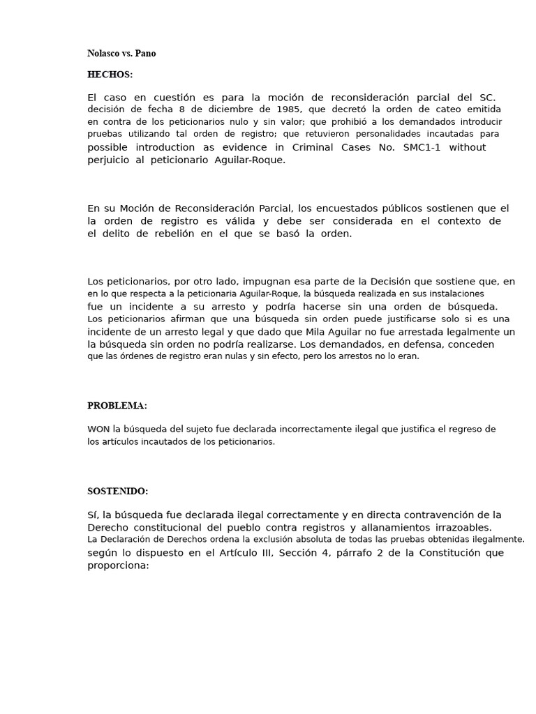 Nolasco Contra Cruz Pano | PDF | Cuarta Enmienda a la Constitución de ...