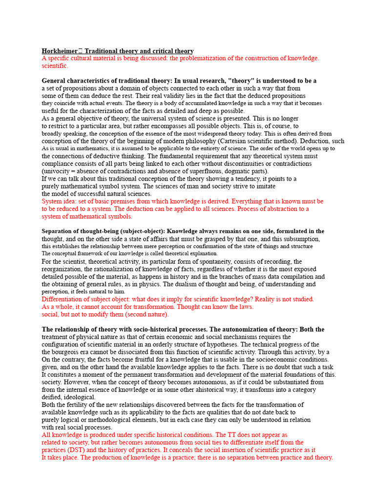 Horkheimer: Traditional vs. Critical Theory | PDF | Theory | Thought