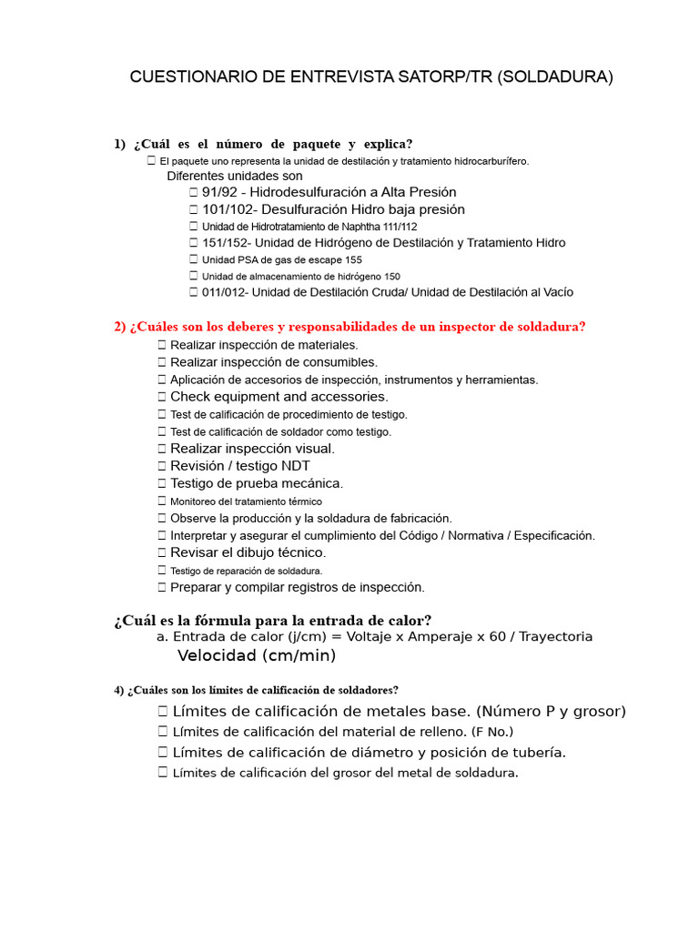 Cuestionario de Soldadura SATORP/TR | PDF | Soldadura | Construcción