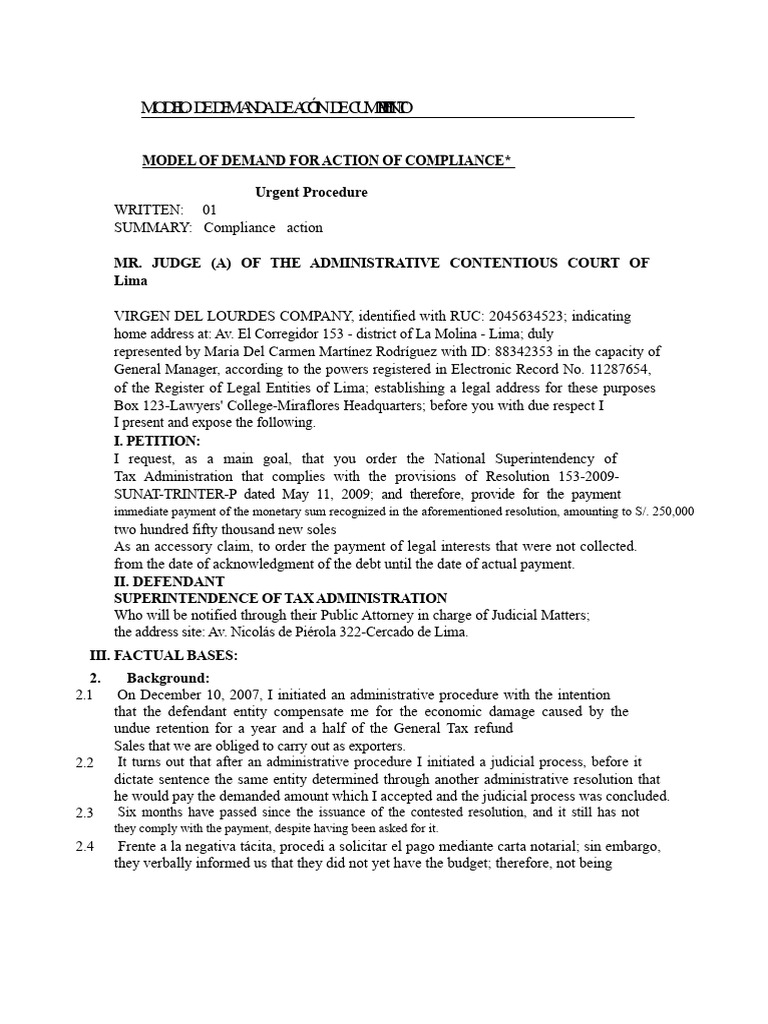 Model of Compliance Action Demand | PDF | Lawsuit | Taxes