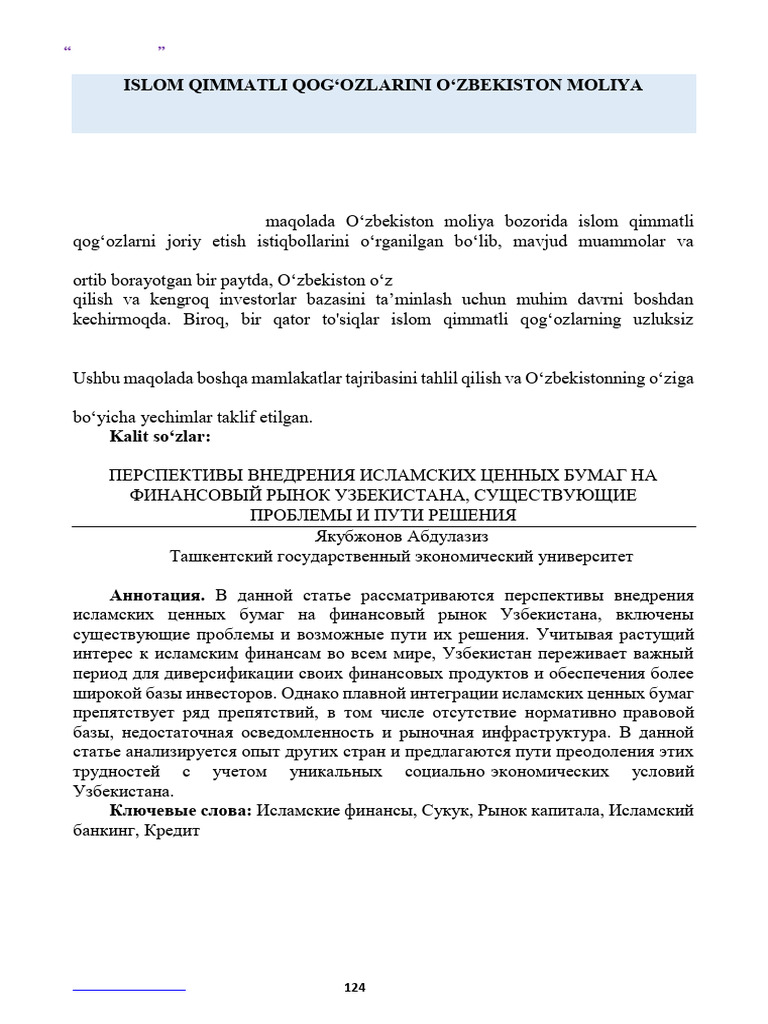 Islom Qimmatli Qog Ozlarini o Zbekiston Moliya Bozorida Joriy Qilish ...