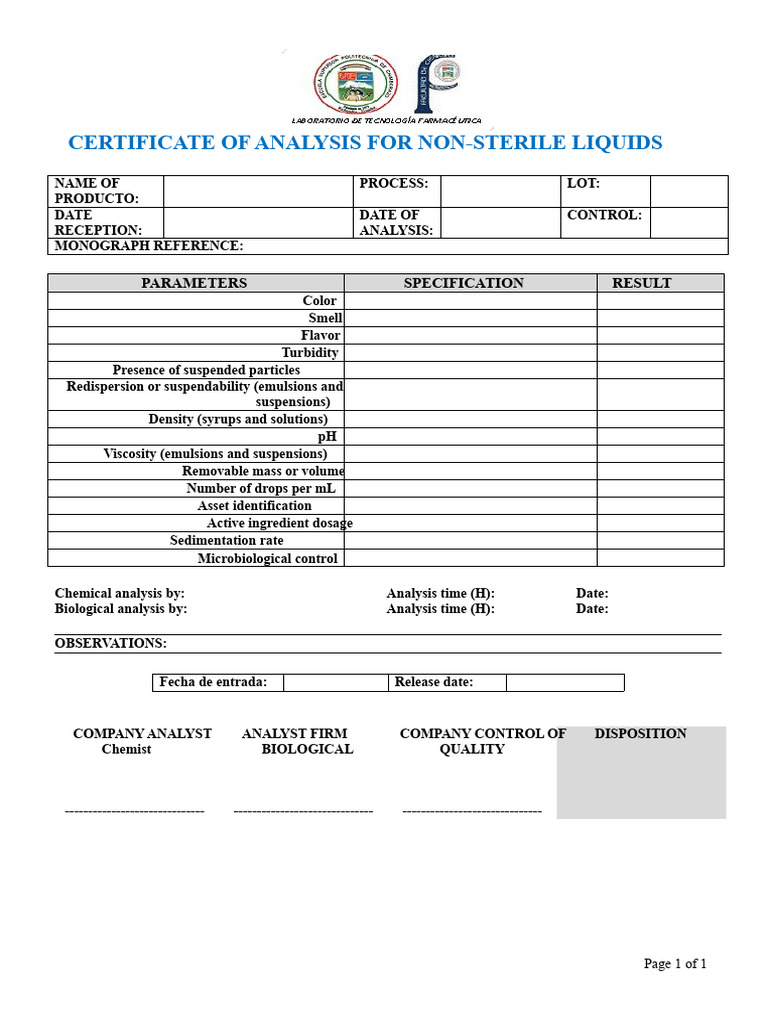 Non-Sterile Liquids Analysis Certificate | PDF
