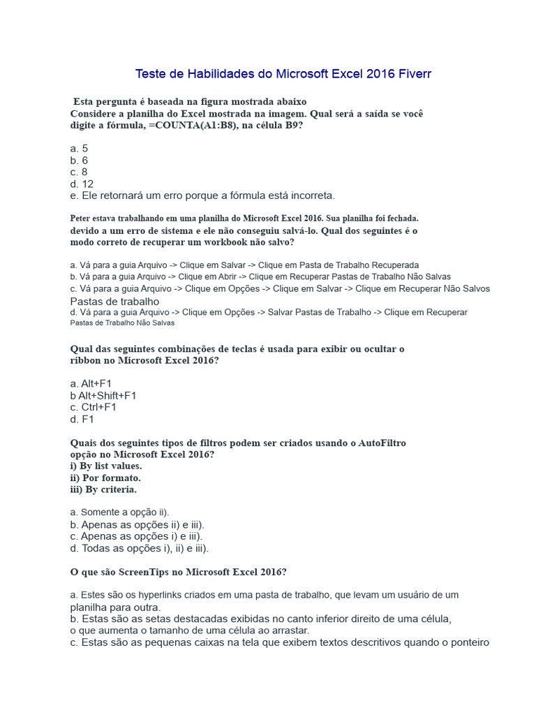 Teste de Habilidades do Microsoft Excel 2016 Fiverr | PDF | Macro ...