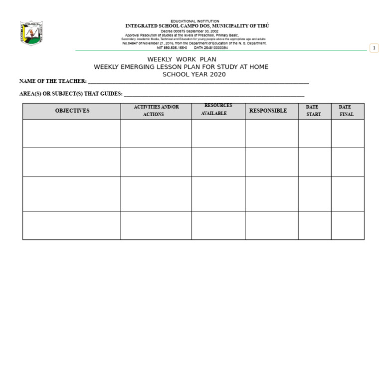Weekly Work Plan For Teachers | PDF