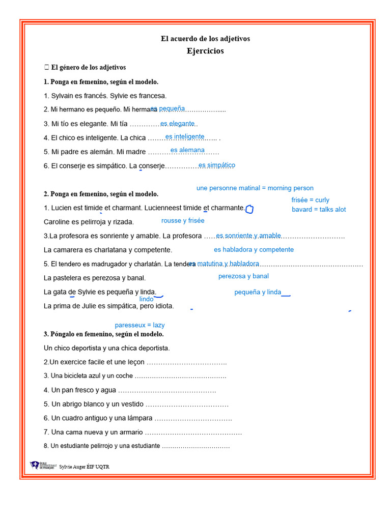 El Género y El Plural de Los Adjetivos Ejercicios y Correcciones | PDF ...