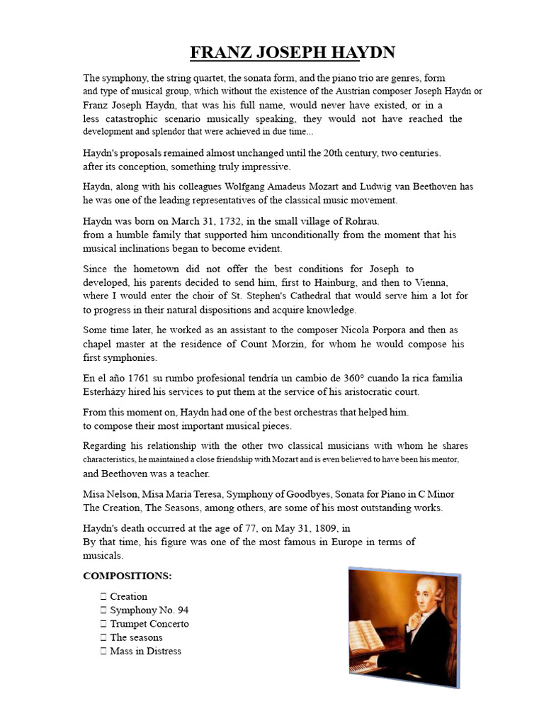 Biography of FRANZ JOSEPH HAYDN | PDF