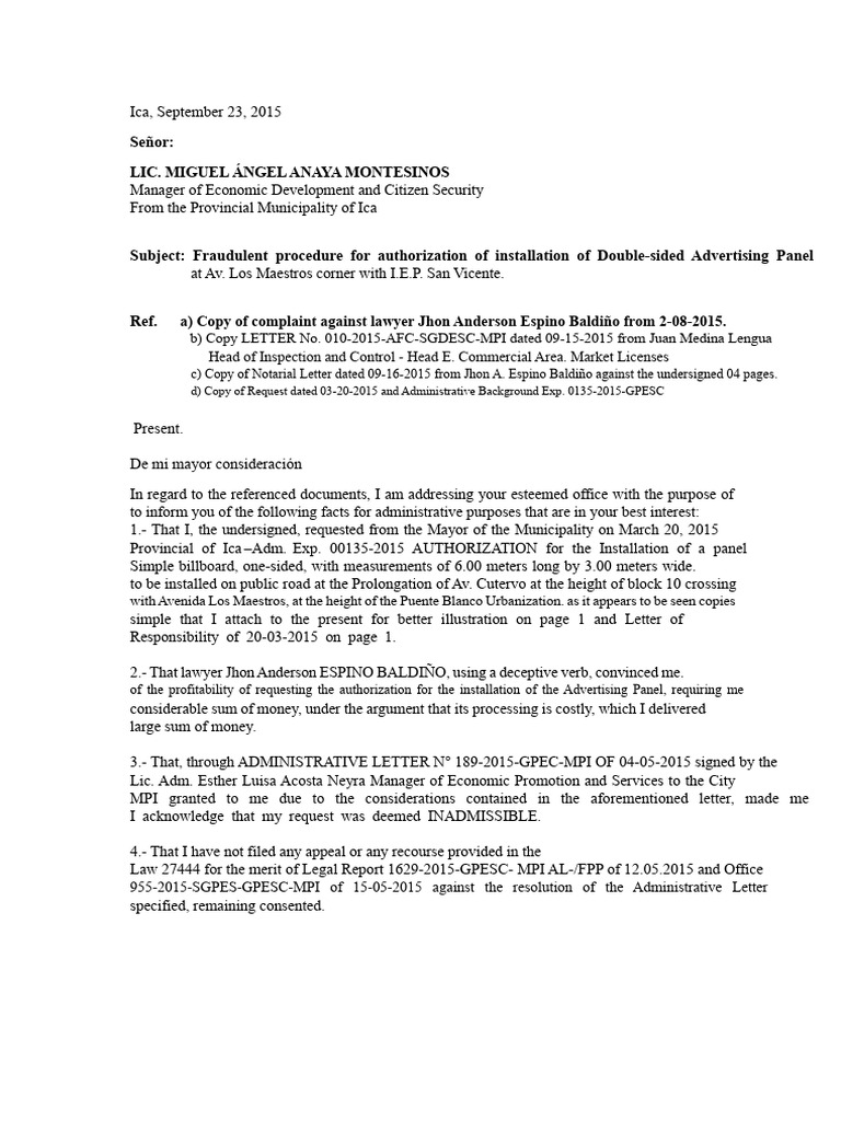 Letter To The Municipality of Ica - Juan Carlos Oliva Valencia | PDF