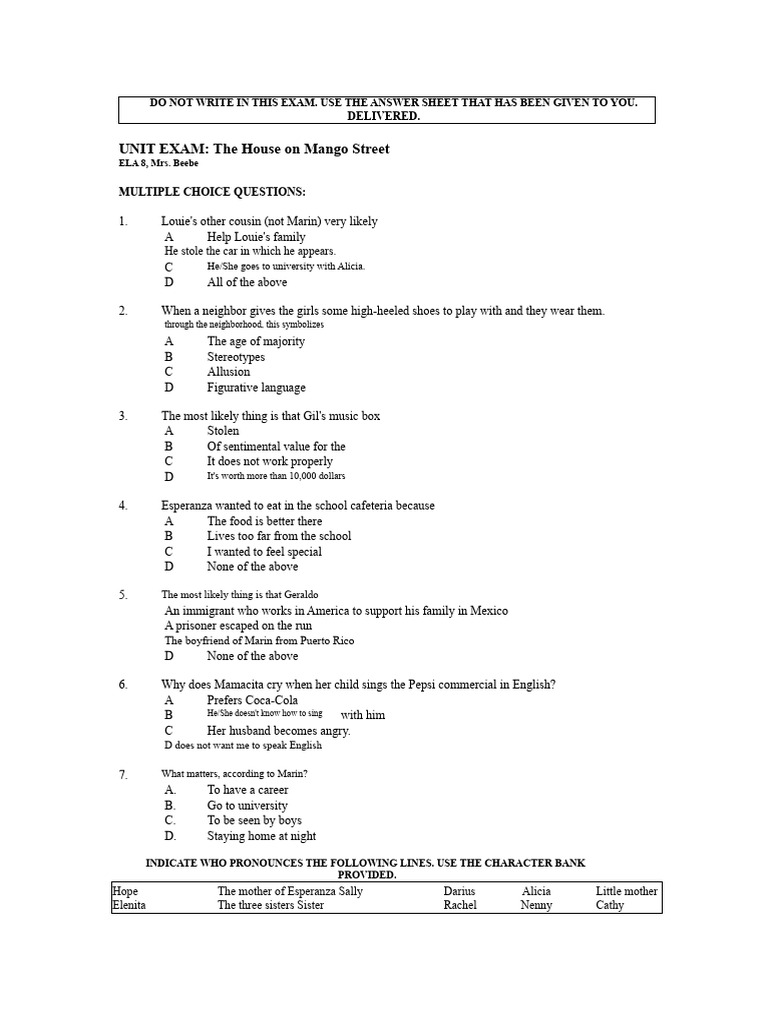 Exam House of The Unit in Mango Street | PDF