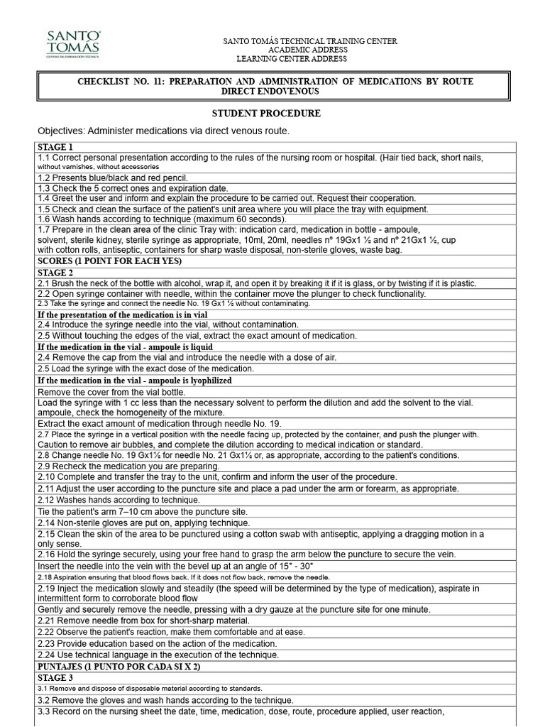 Checklist For Preparation and Administration of Medications Via Direct ...