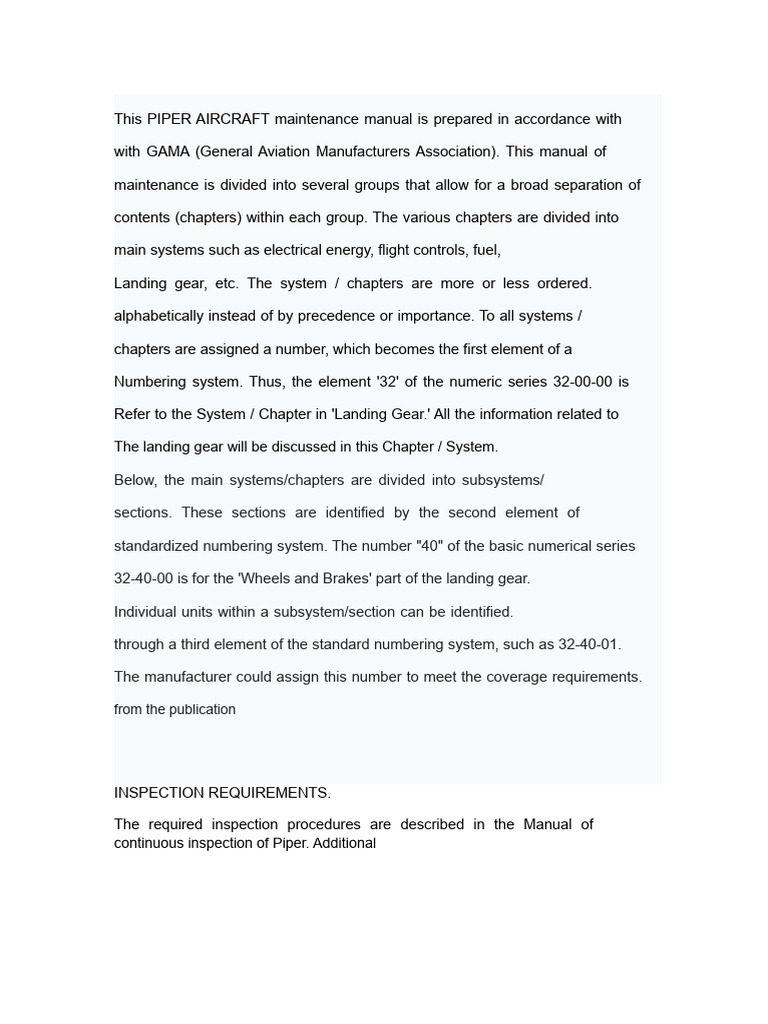 This PIPER AIRCRAFT Maintenance Manual Is Prepared in Accordance With ...