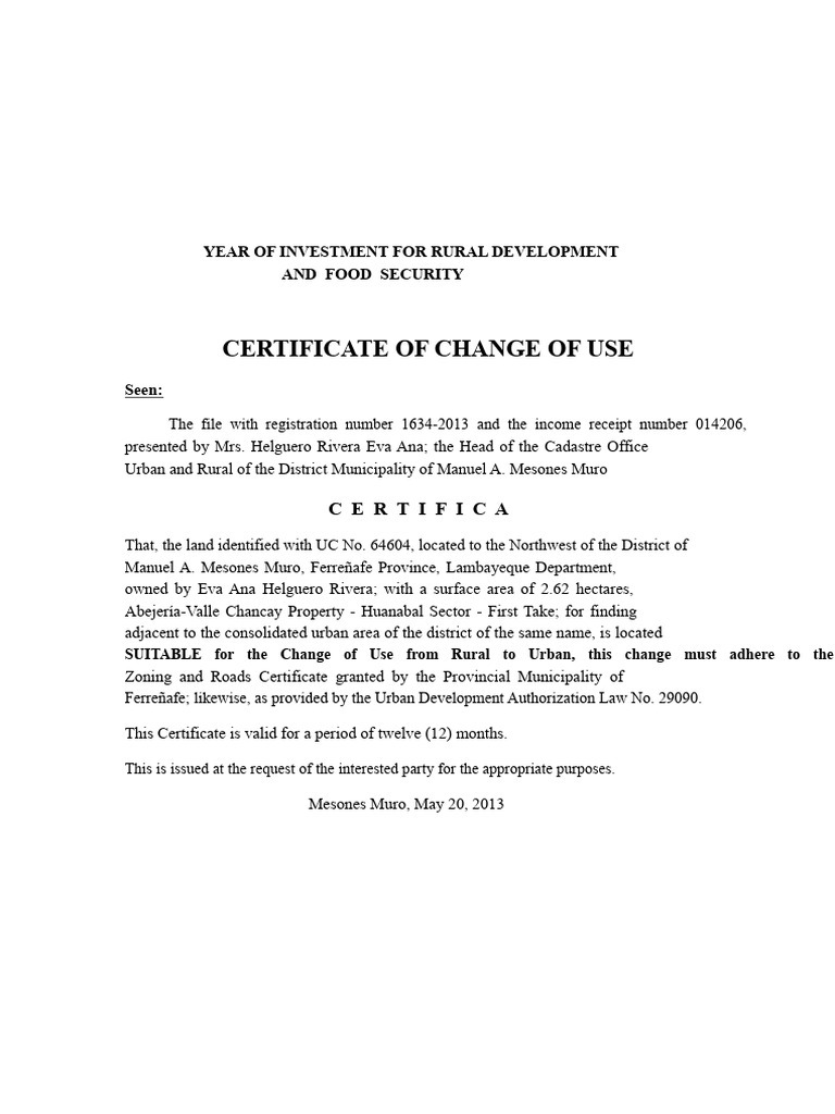 Certificate of Change: Rural to Urban Use | PDF