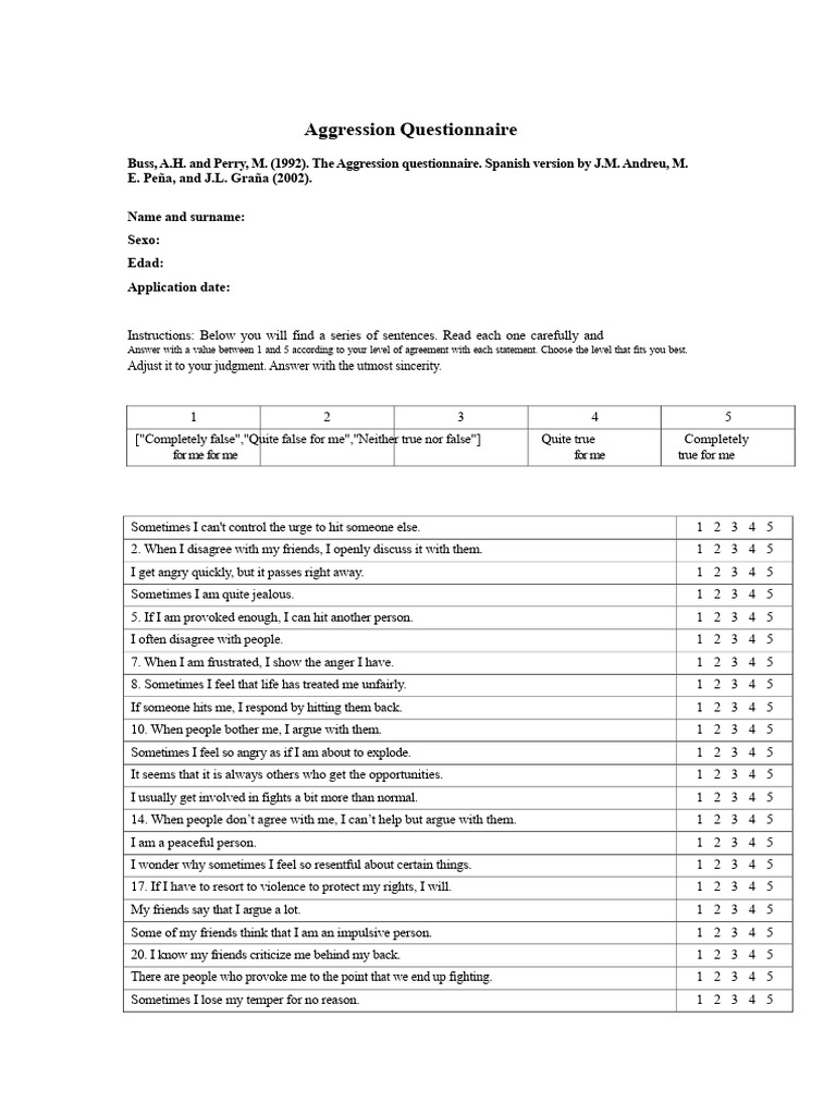 Aggression Questionnaire Assessment Tool | PDF | Aggression | Questionnaire