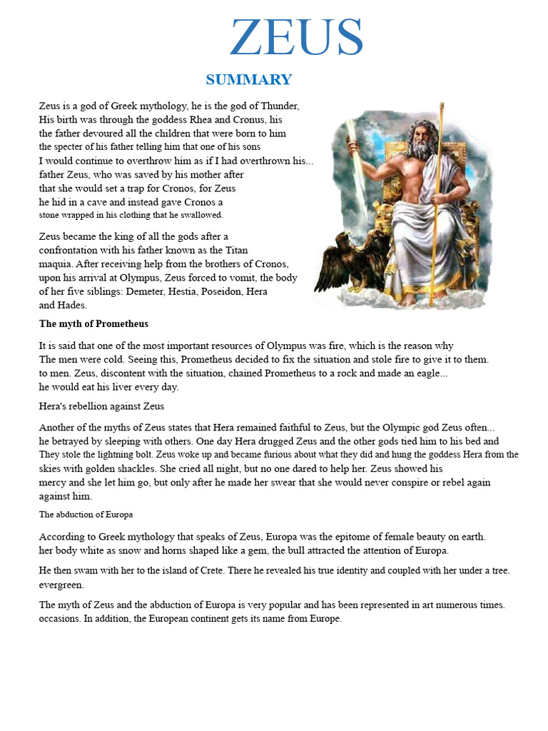 Myths of Zeus: Greek God of Thunder | PDF