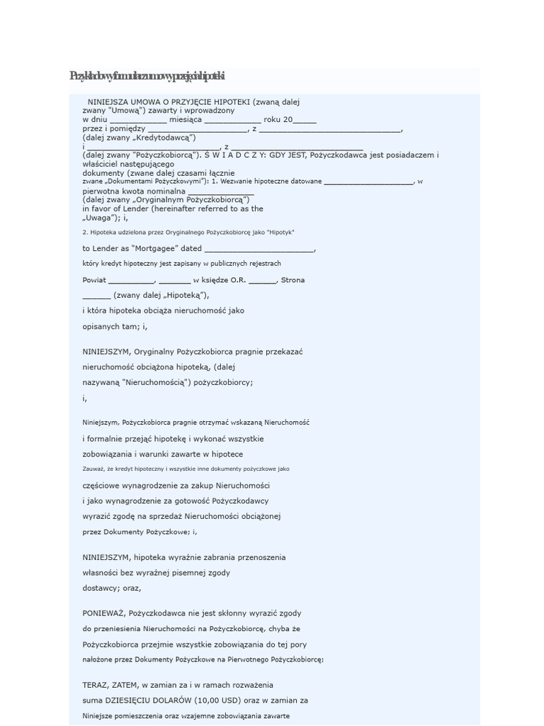 Przykładowy formularz umowy przejęcia hipoteki | PDF