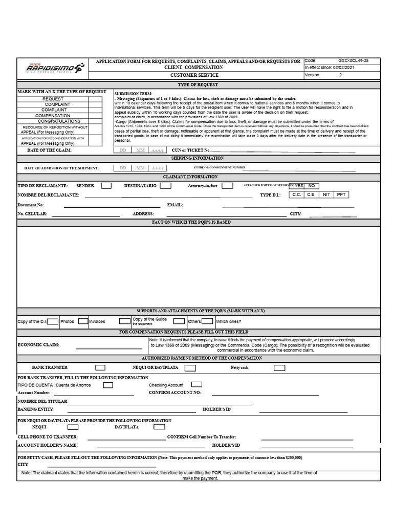 PQR Form And/or Indemnity Requests Inter Rapidisimo | PDF | Wire ...