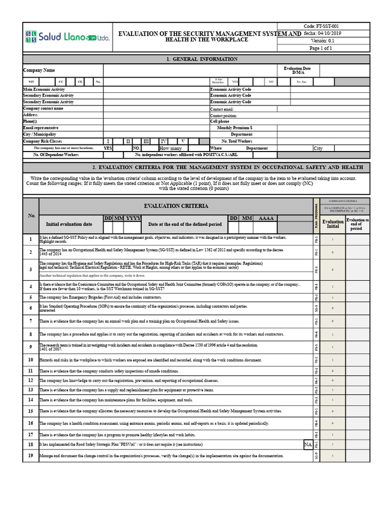 Format For The Evaluation of The Occupational Health and Safety ...