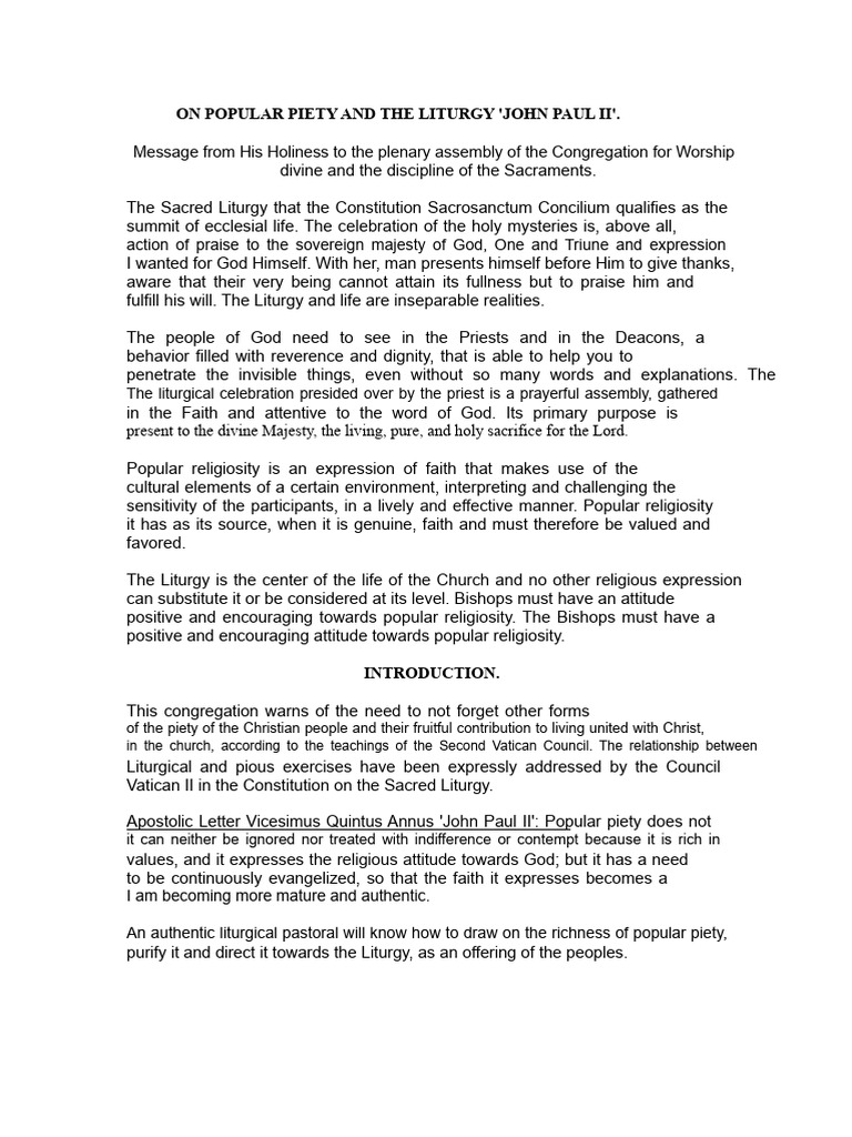 Summary Chapter I - On Popular Piety and Liturgy | PDF | Catholic ...