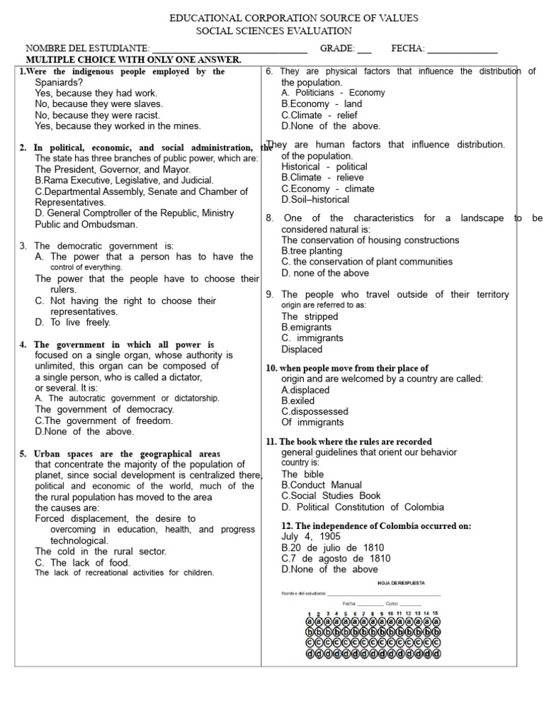 Socials Exam Grade 7 - Source of Values - Fourth Period - 2019 | PDF