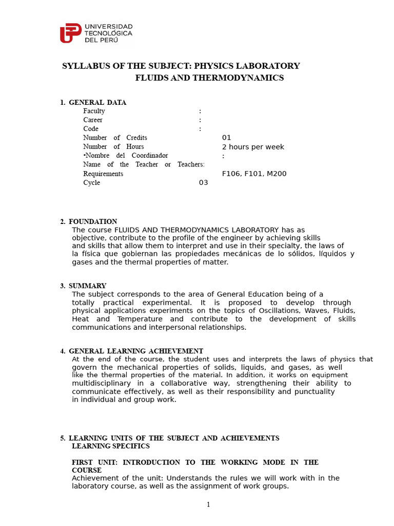 Syllabus of Fluids and Thermodynamics Laboratory | PDF | Gases | Physics