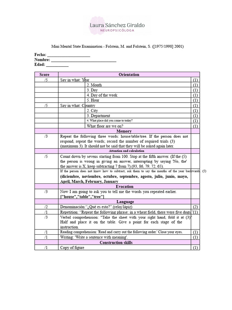 Mini Mental State Examination Guide | PDF | Psychological Concepts ...