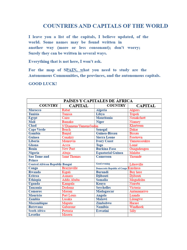 World Countries and Their Capitals List | PDF | Africa