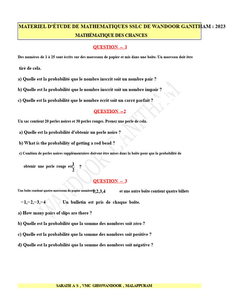 Questions Importantes de Mathématiques de La Classe SSLC Chapitre 3 EM ...