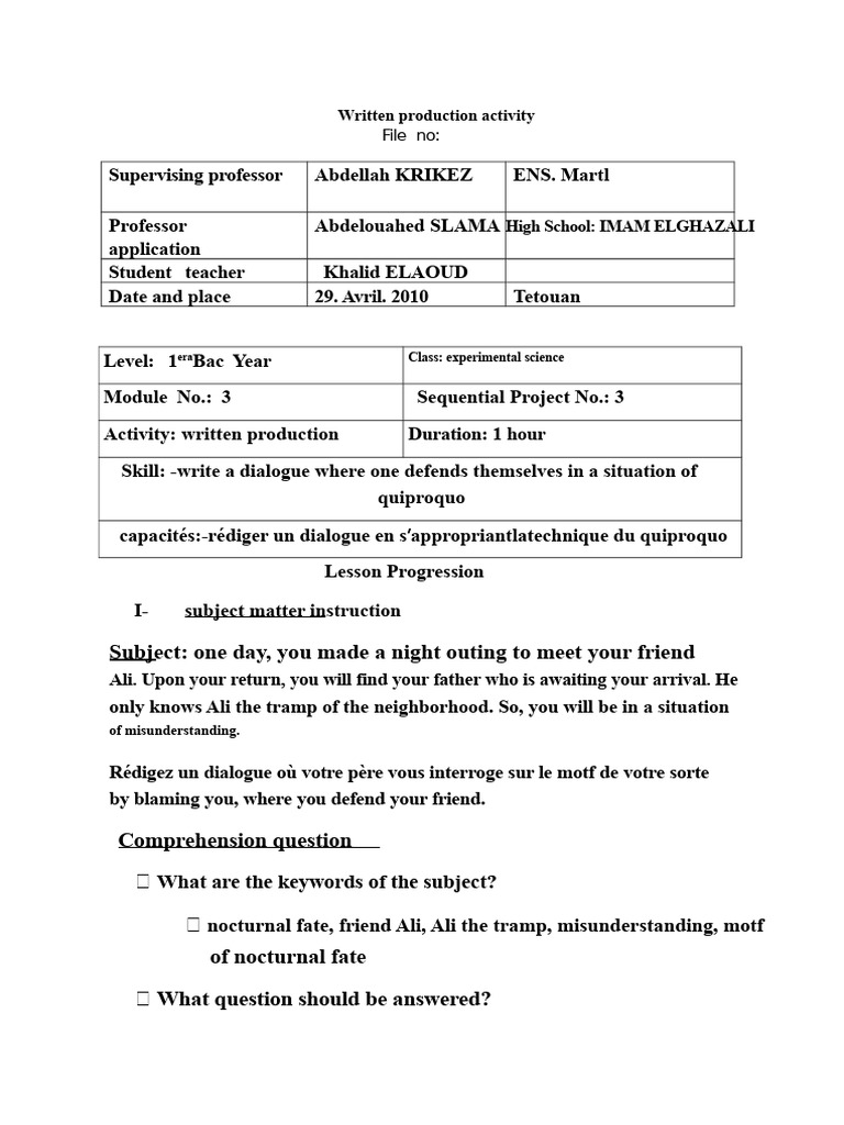 Written Production Activity First Year SC Exp | PDF