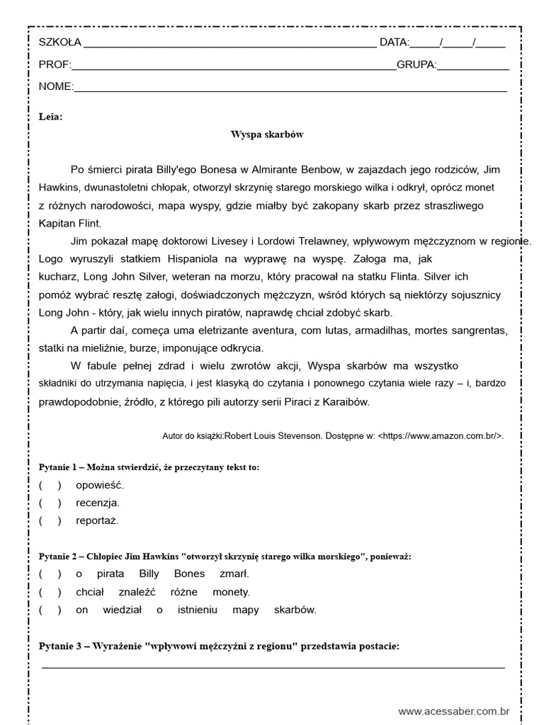Interpretacja tekstu Wyspa skarbów 6 klasa | PDF