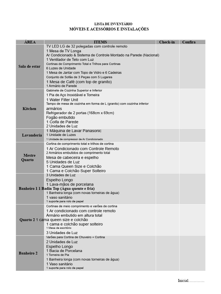Lista de Inventário de Locação Exemplo | PDF | Ar condicionado | Cama
