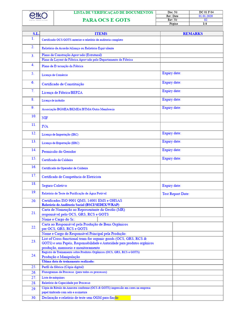 Checklist de Documentos OCS e GOTS | PDF
