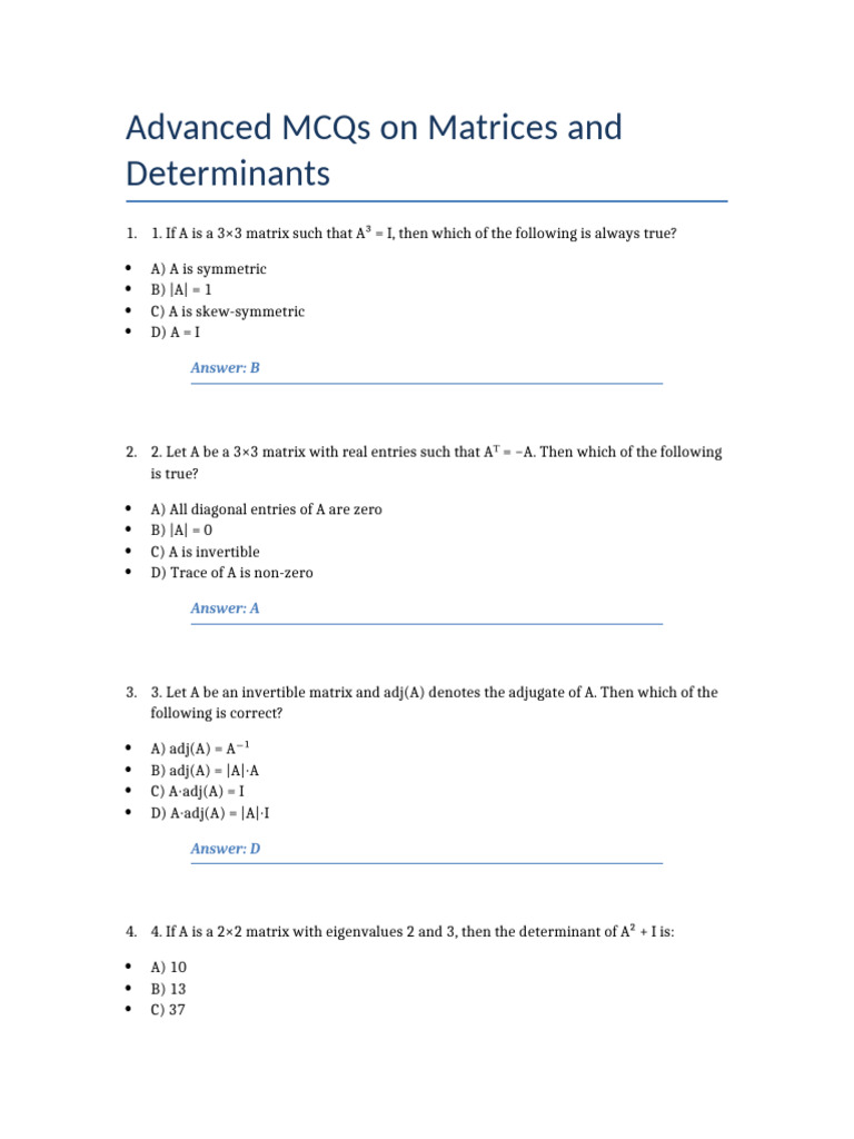 Advanced Matrix Determinant MCQs | PDF | Matrix (Mathematics) | Determinant