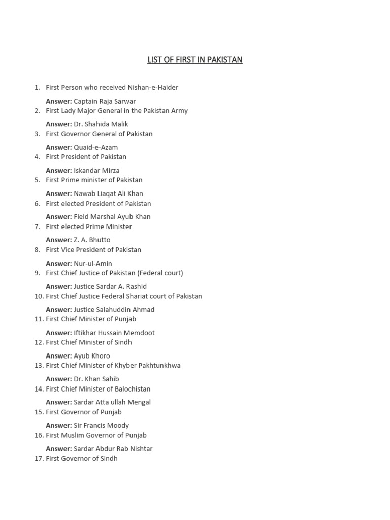 List of First in Pakistan General Knowledge | PDF | Pakistan ...