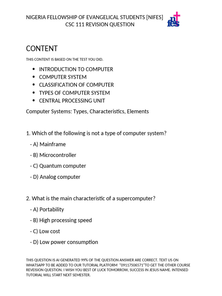 Nifes CSC 111 Revision 1 PDF | PDF | Random Access Memory | Read Only ...