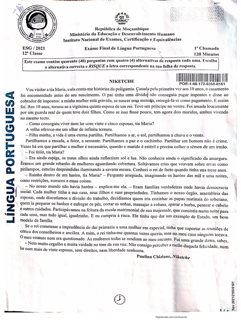 Portugues 2021 12a Classe 1a Epoca | PDF