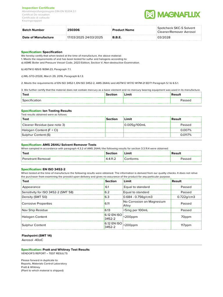 SKC-S Solvent Inspection Certificate | PDF | Materials | Physical Sciences