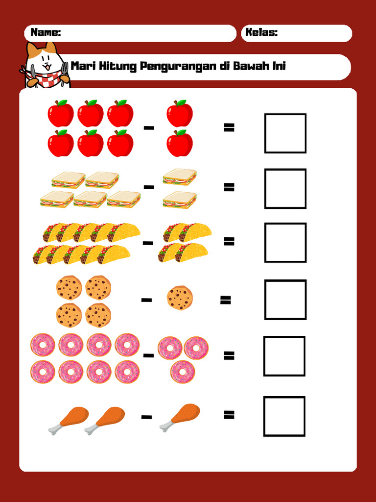 Mathematics Subtraction Education Worksheet in Red Simple Style-1 | PDF