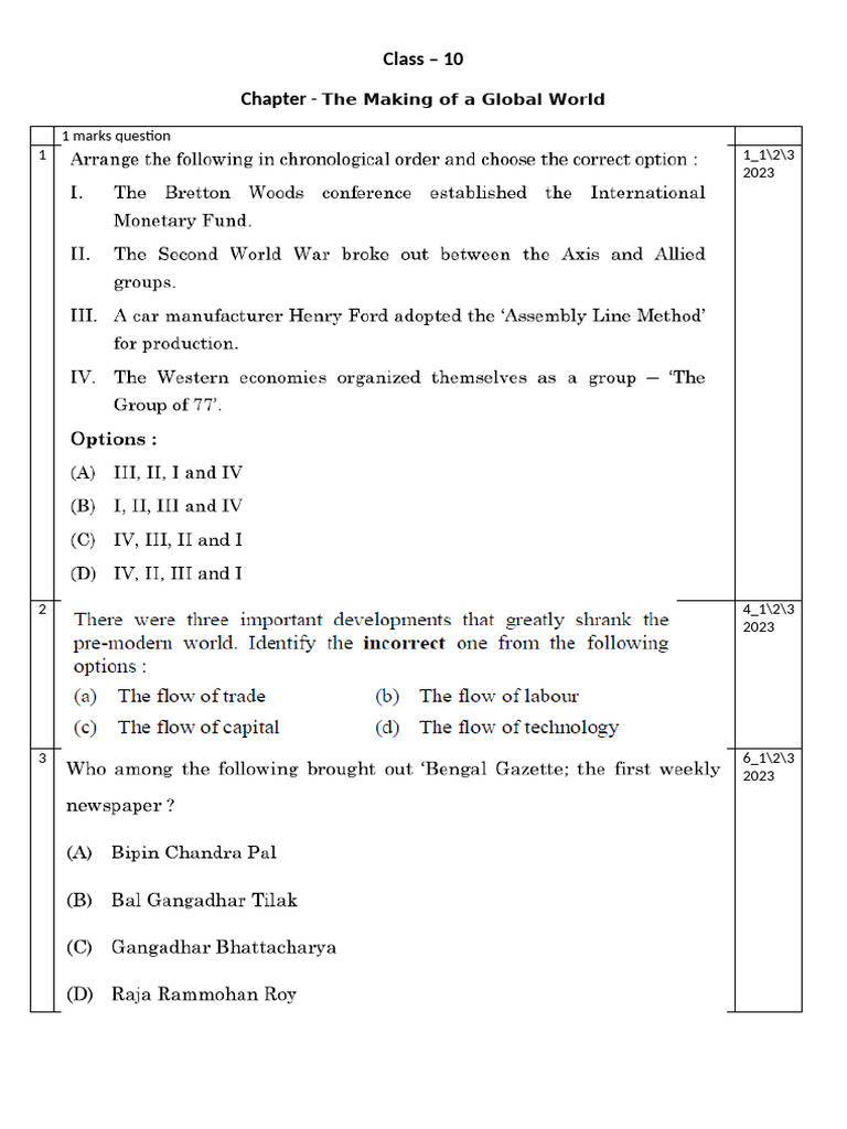Class 10 Global World Chapter Questions | PDF