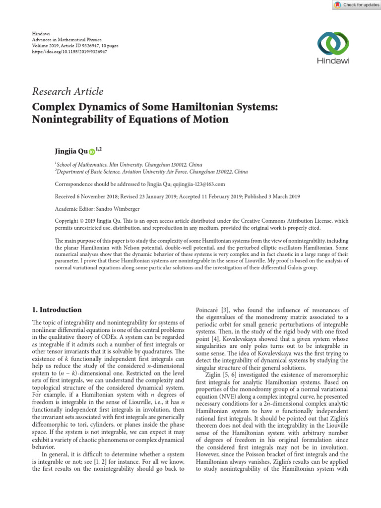 Complex Dynamics of Some Hamiltonian Systems Nonintegrability of ...