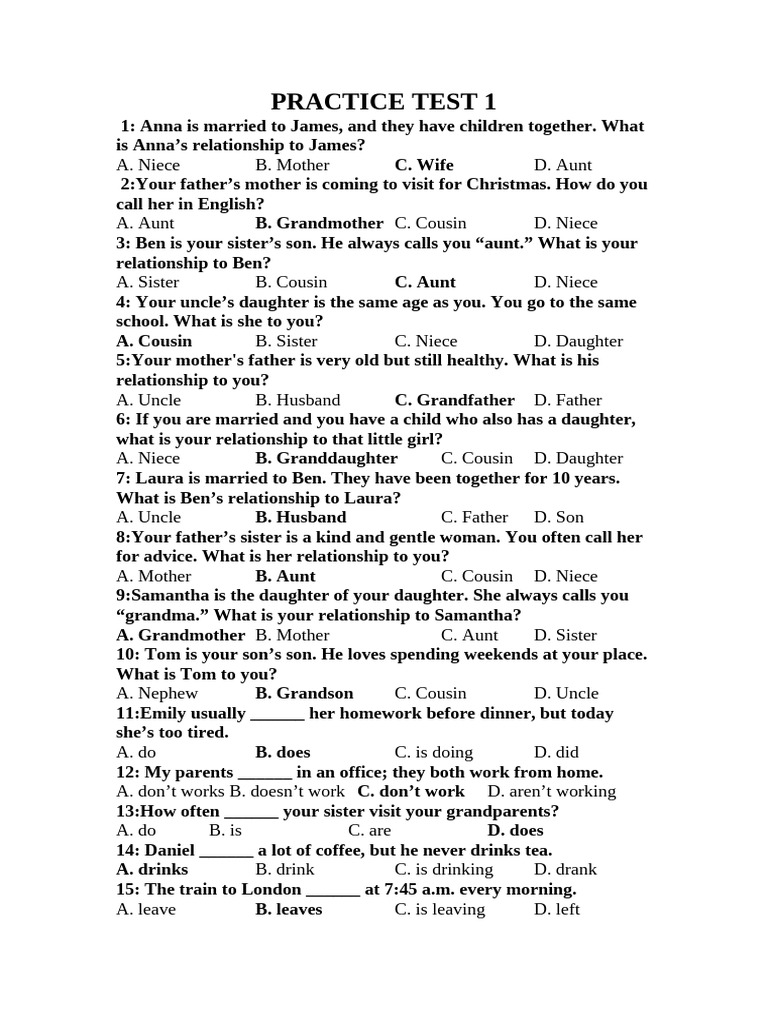 Family and English Language Practice Test | PDF