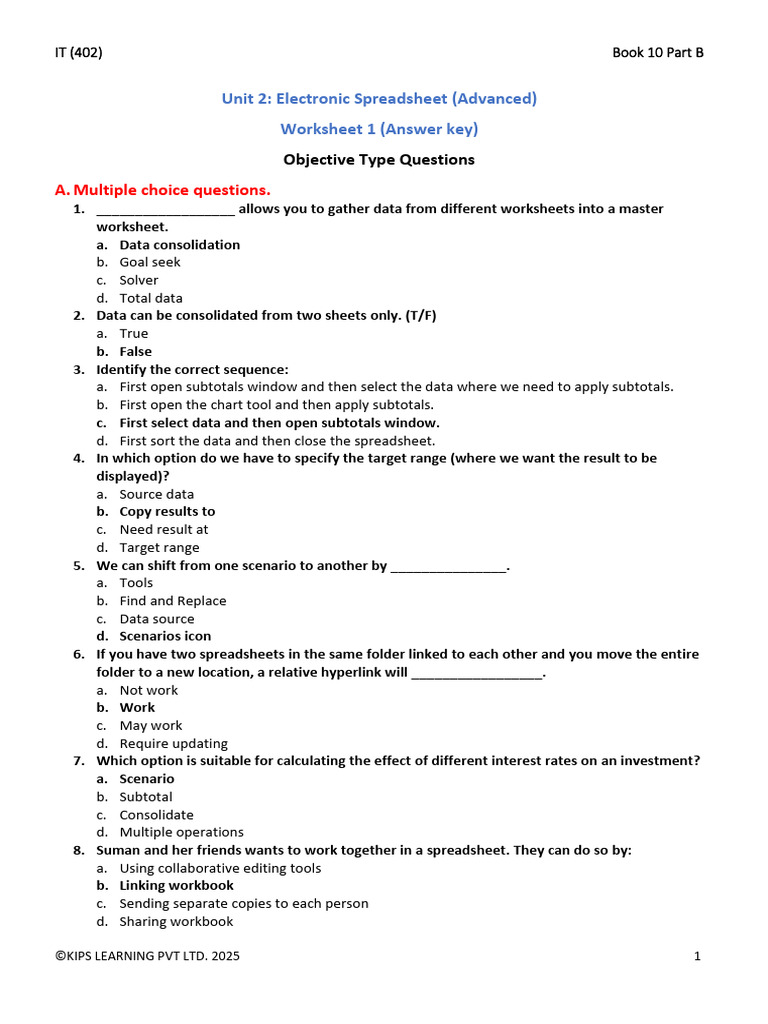IT (402) Book 10 - Unit 2 - Worksheet - Answer Key | PDF | Spreadsheet ...
