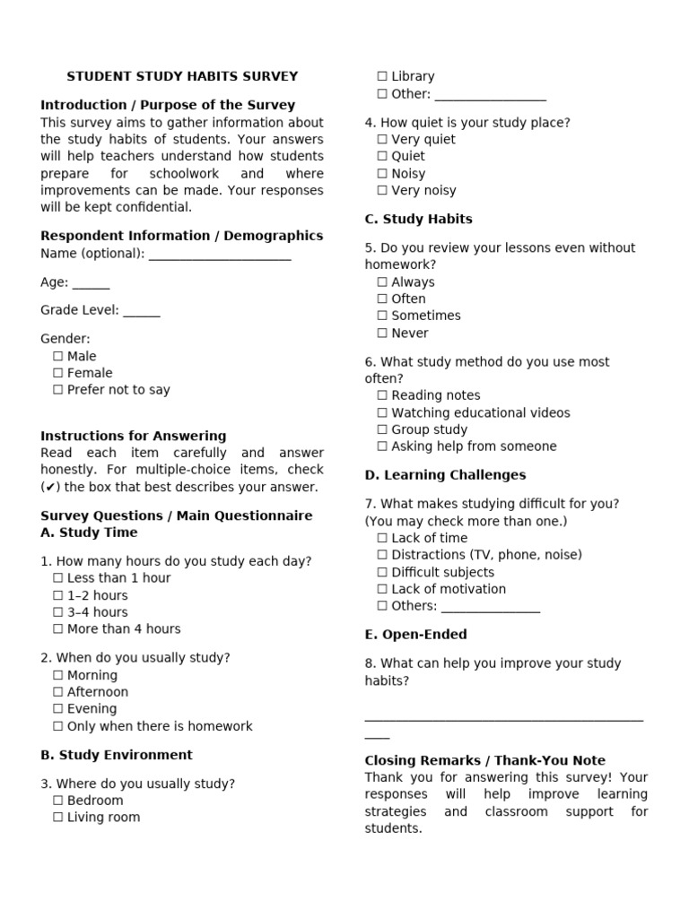 Student Study Habits Survey | PDF | Homework | Learning