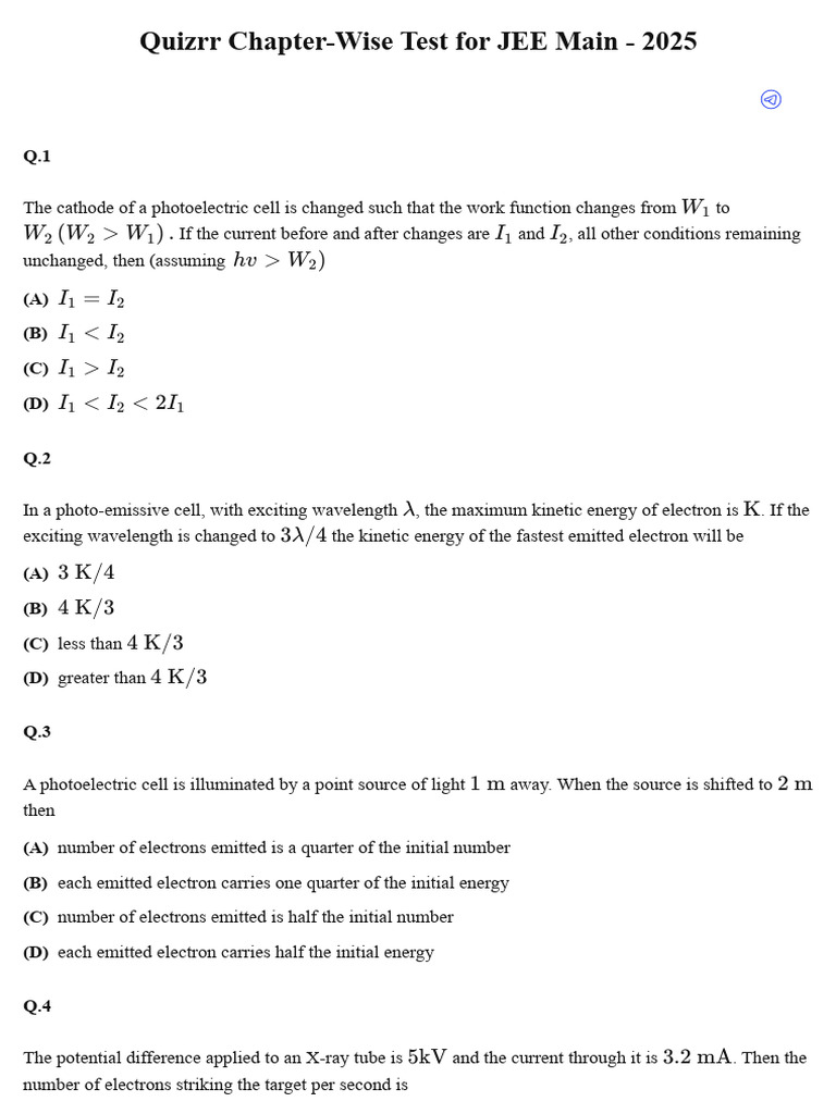 Dual Nature of Matter - Test 3 | PDF | Photoelectric Effect | Electronvolt